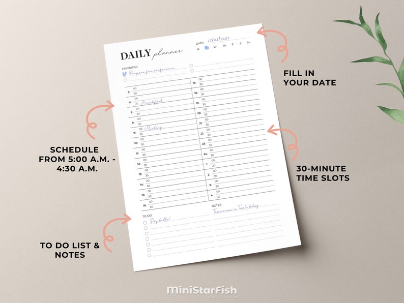 Half Hour Daily Planner, 24 Hour Undated Daily Schedule, Minimalist ...