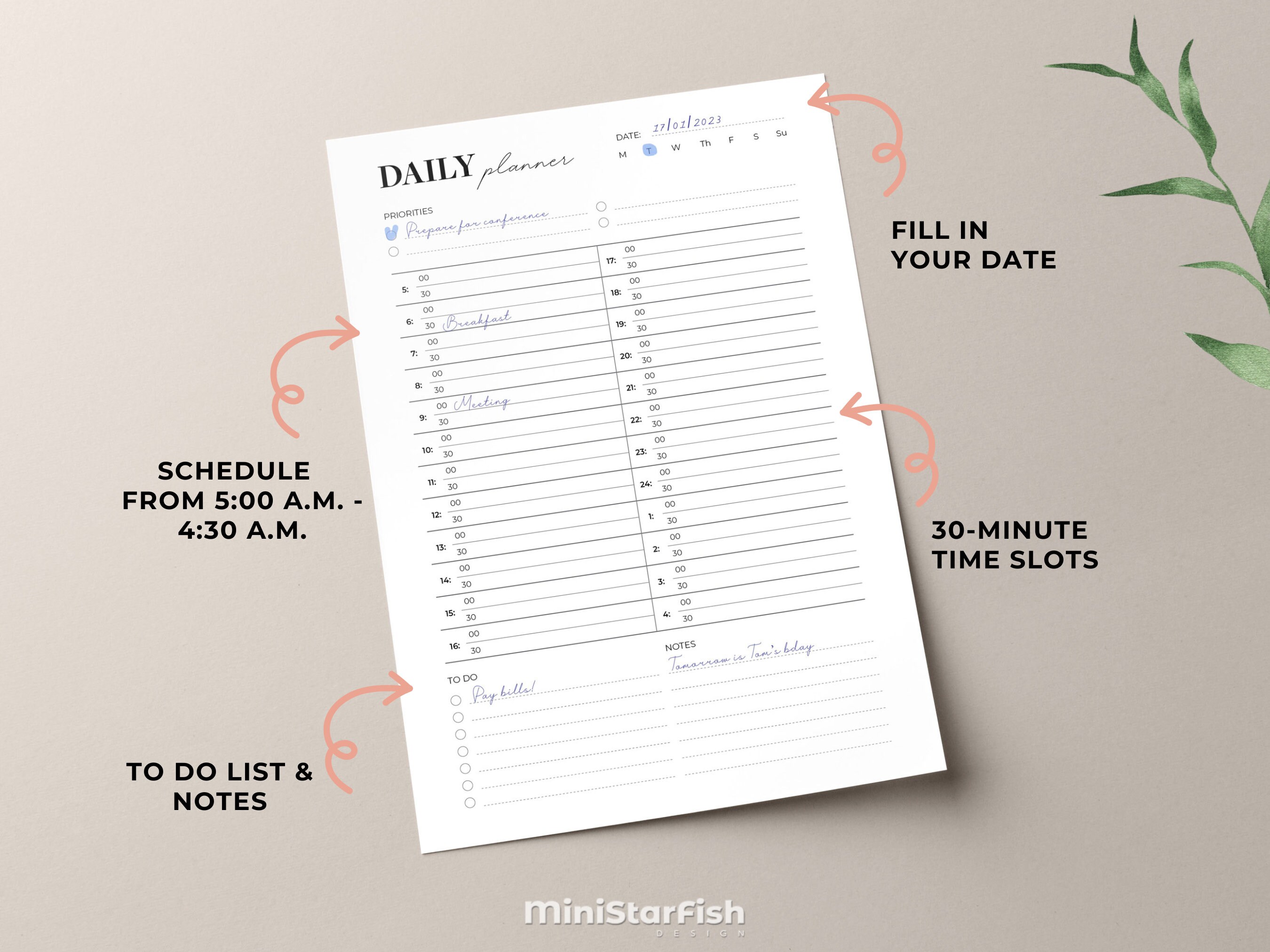Half Hour Daily Planner, 24 Hour Undated Daily Schedule, Minimalist ...