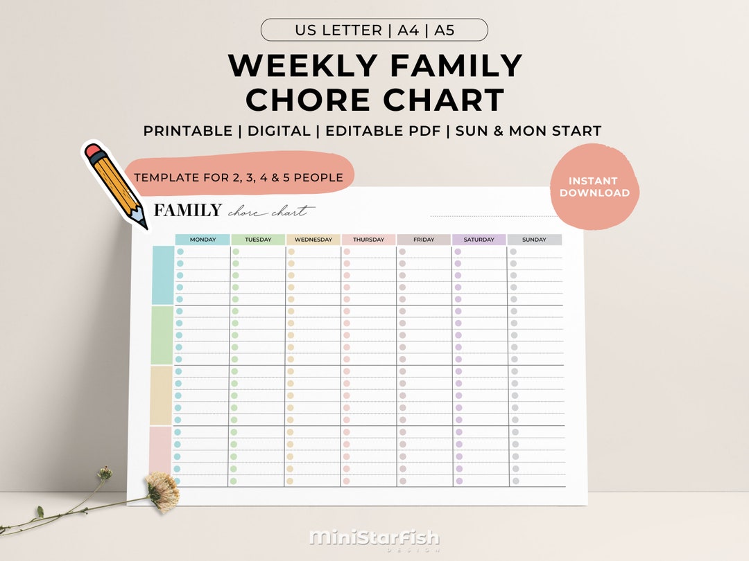 Weekly Family Chore Chart, 2-5 People Family Planner, Household Family ...