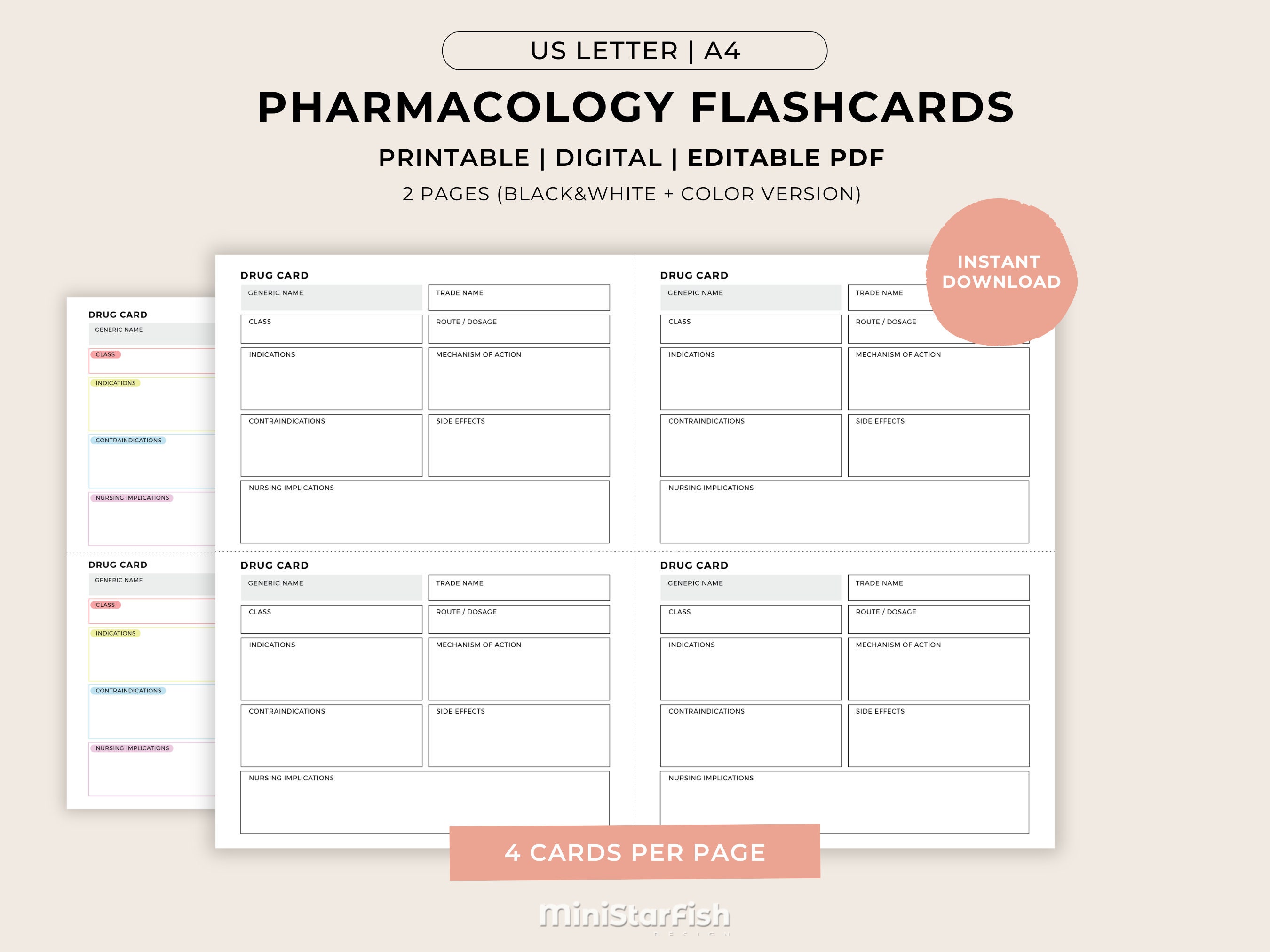Editable Drug Card Template, Nursing Pharmacology Printable Flashcard ...