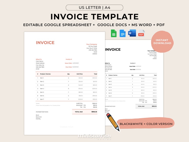 Invoice Template, Editable Word/ Googlesheets/ Googledocs/ PDF Template, Customizable Printable ...