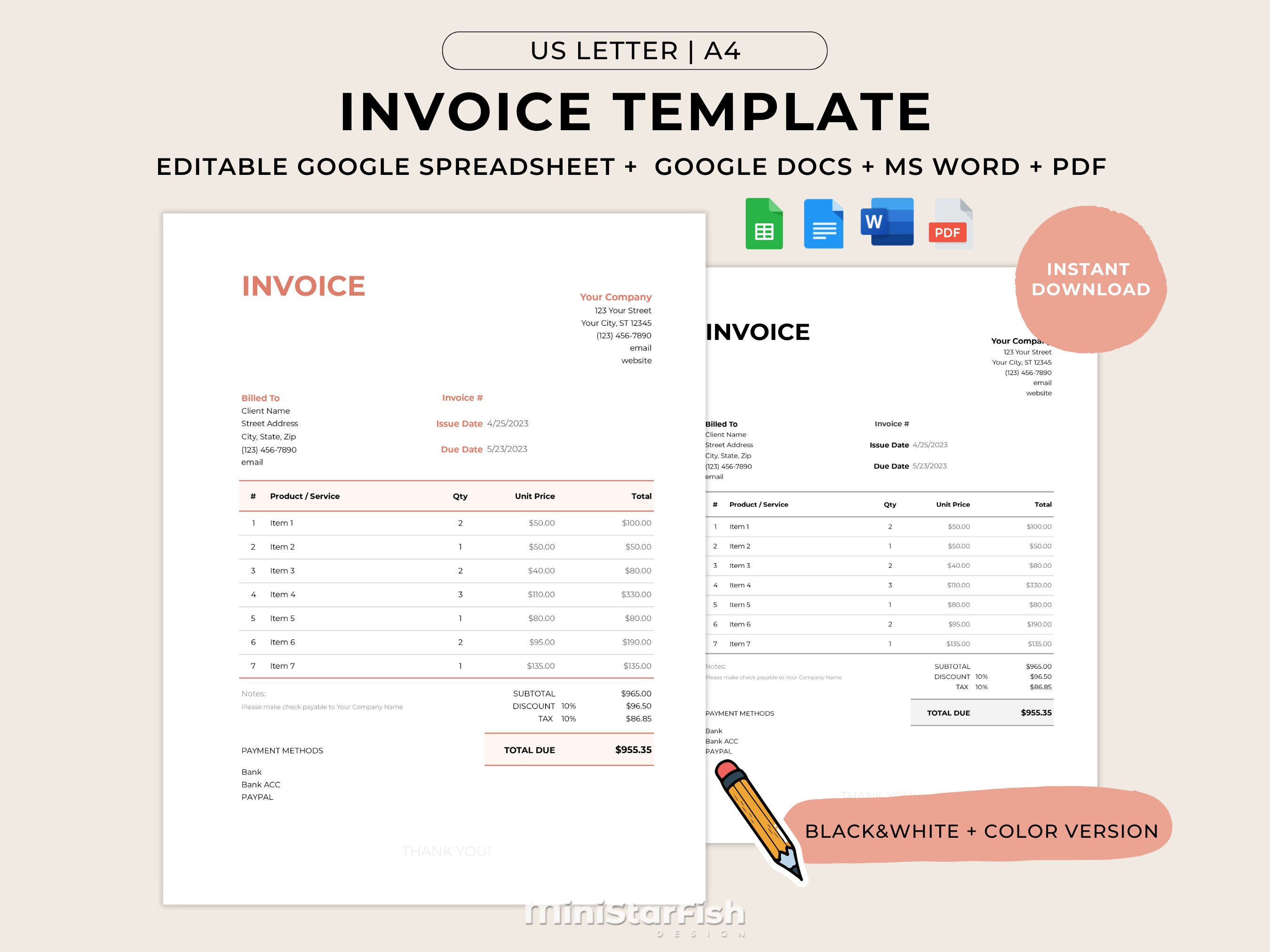 Invoice Template, Editable Word/ Googlesheets/ Googledocs/ PDF Template ...