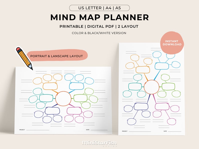 Printable Mind Map Planner, Brainstorm Ideas, Action Plan, Study Notes ...