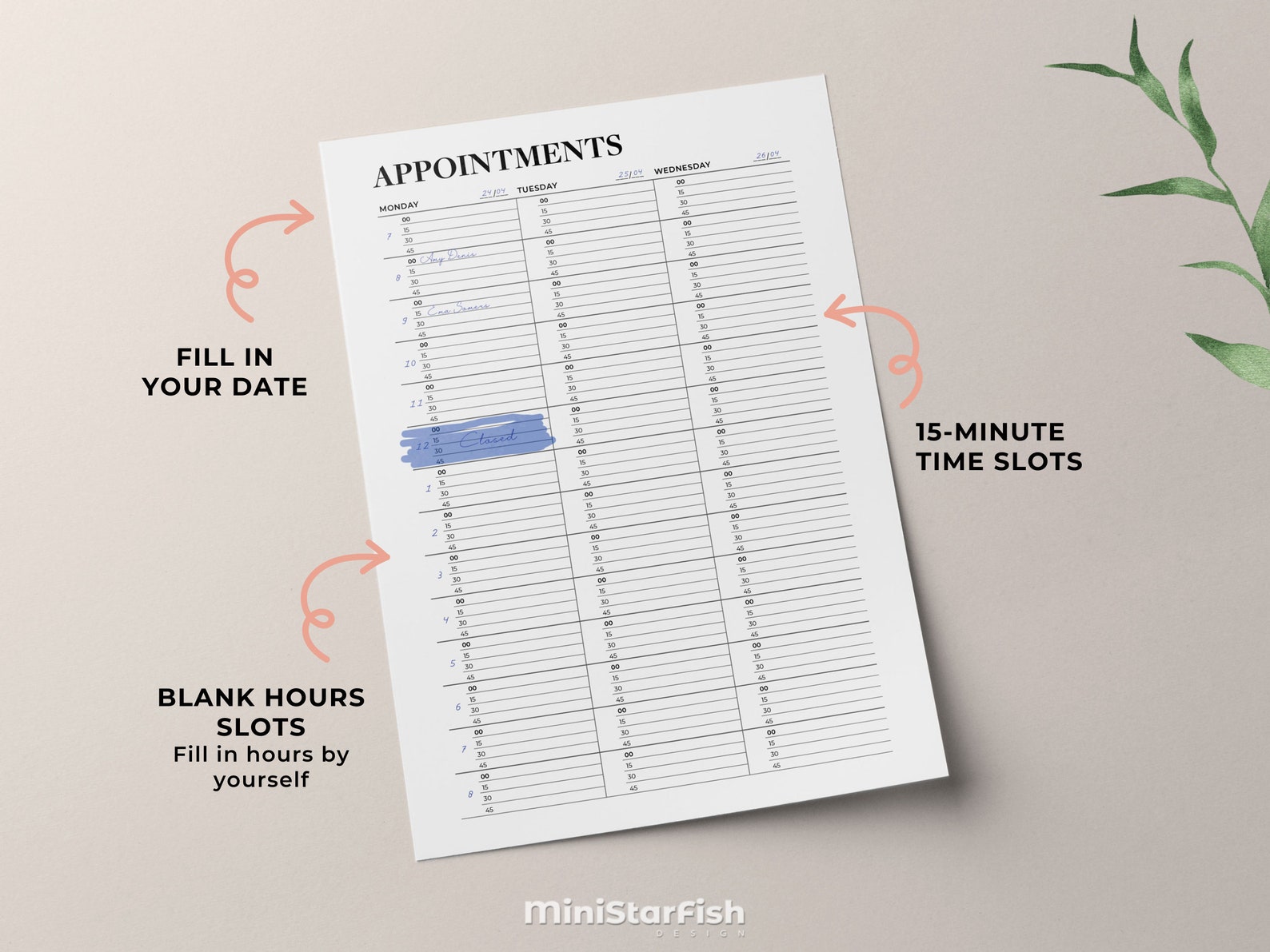 Weekly Appointment Planner, Daily Schedule, 15 Minute Appointment Book ...