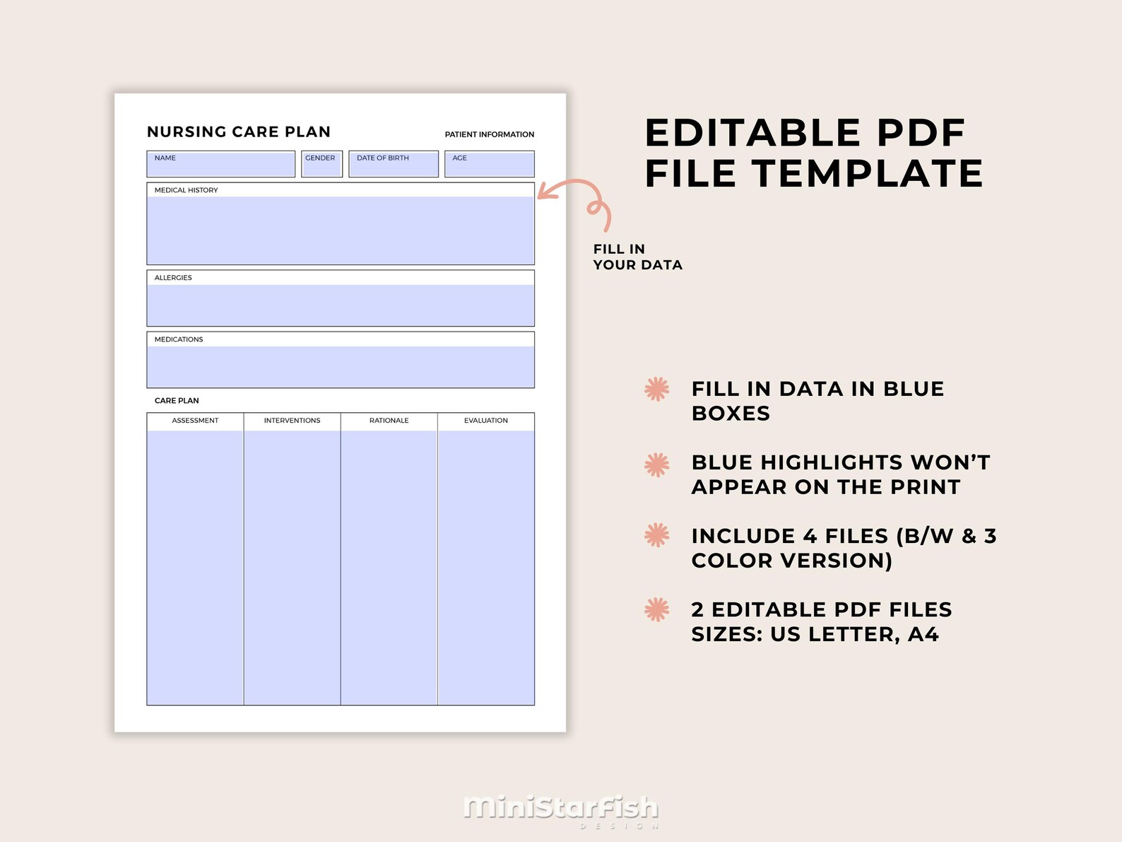 Nursing Care Plan Template, Nursing Printable Editable Report Sheet ...