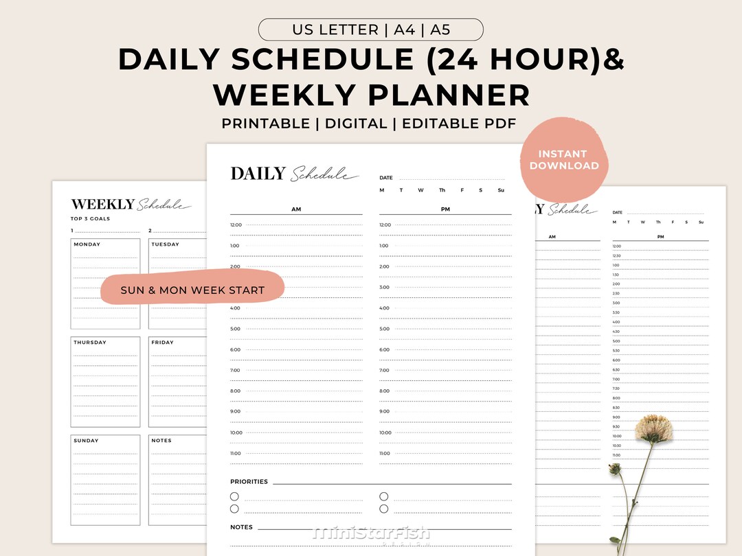 24 Hour Daily Schedule, Half-hour Planner, Appointments Schedule ...