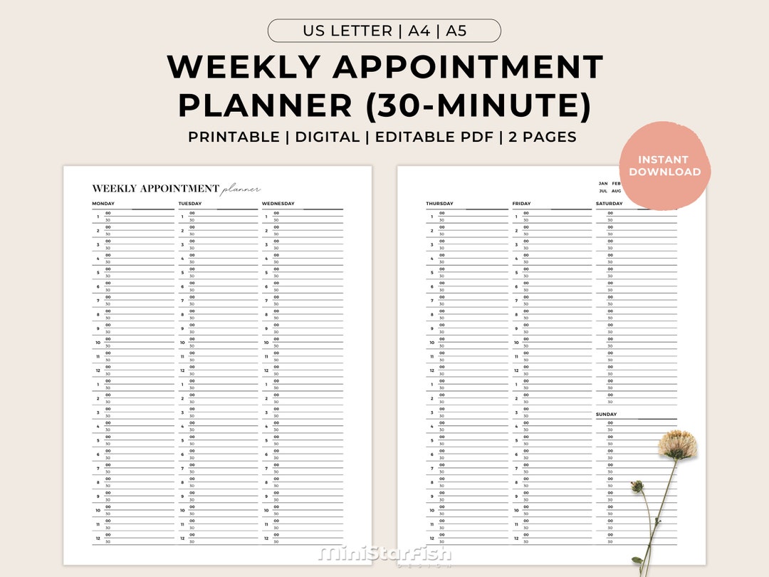 Weekly Appointment Planner, Daily Schedule, 30 Minute Appointment Book ...