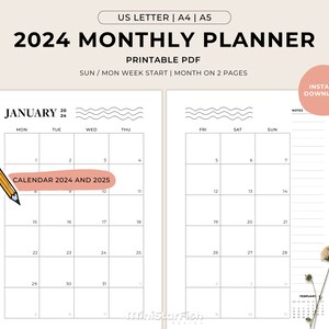 2024 Monthly Planner, Month on 2 Pages, Minimalist Printable PDF ...
