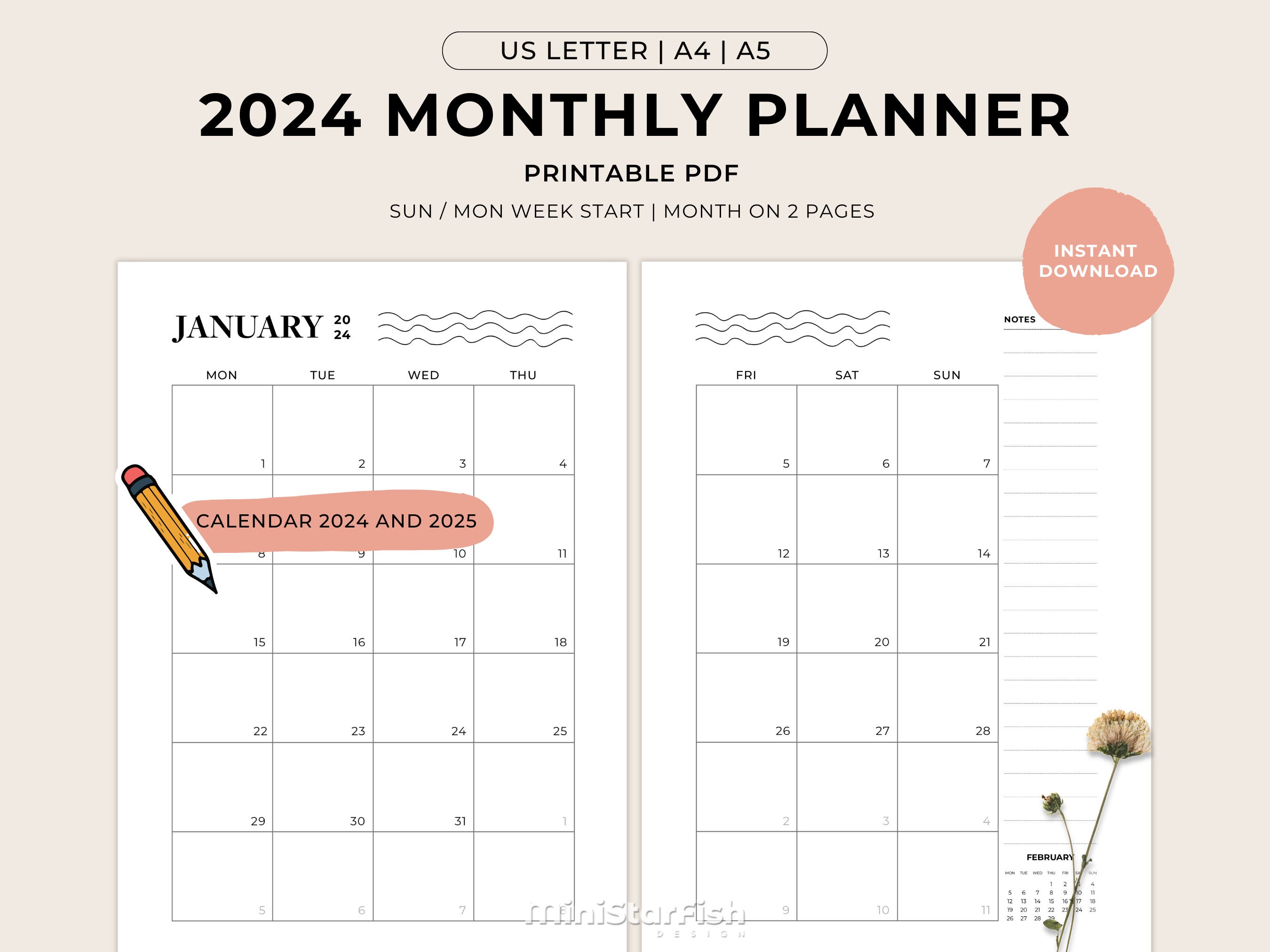 2024 Monthly Planner, Month on 2 Pages, Minimalist Printable PDF ...