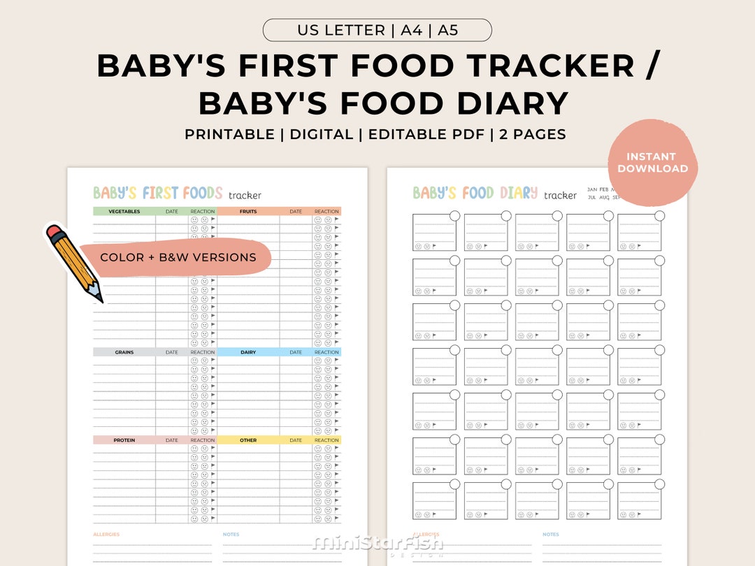Baby First Food Planner, Baby Food Diary, Baby Led Weaning, Allergy ...