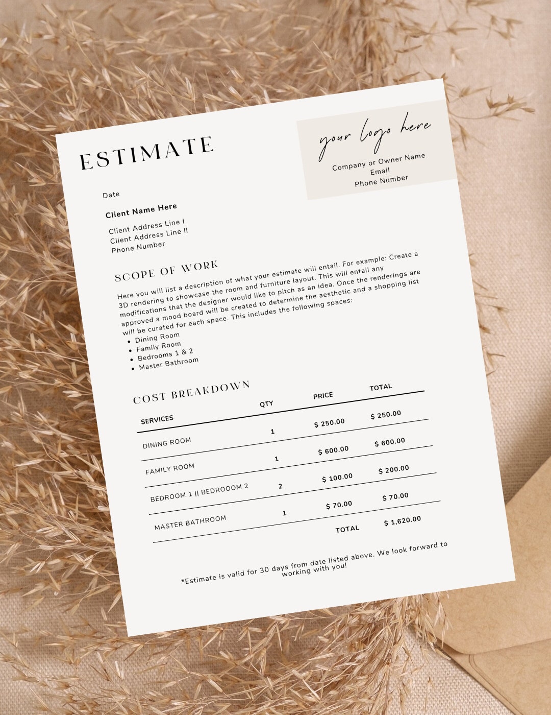 Estimate Editable Template | Modern Small Business Estimate | Product ...