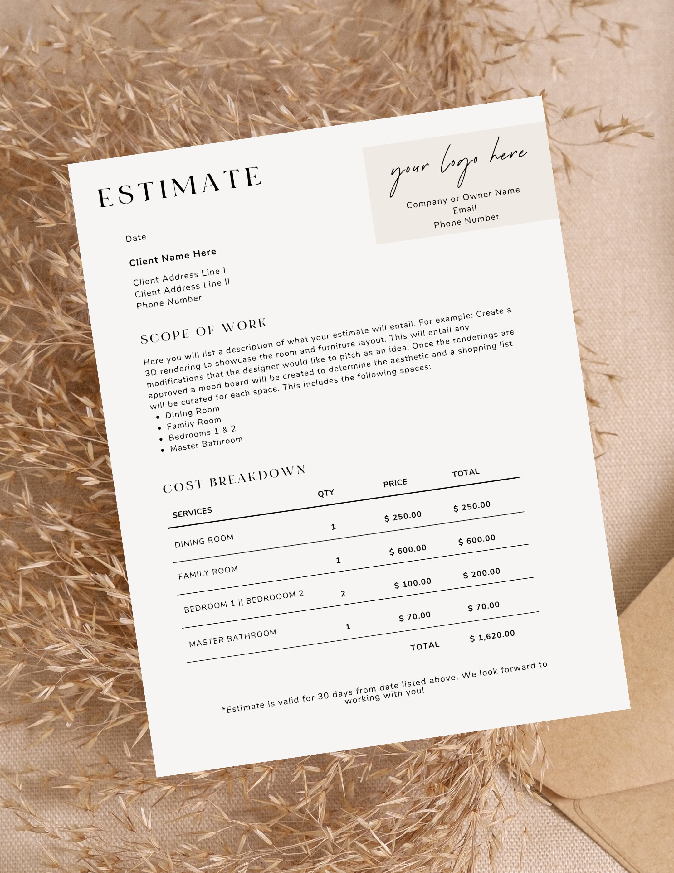 Estimate Editable Template | Modern Small Business Estimate | Product ...