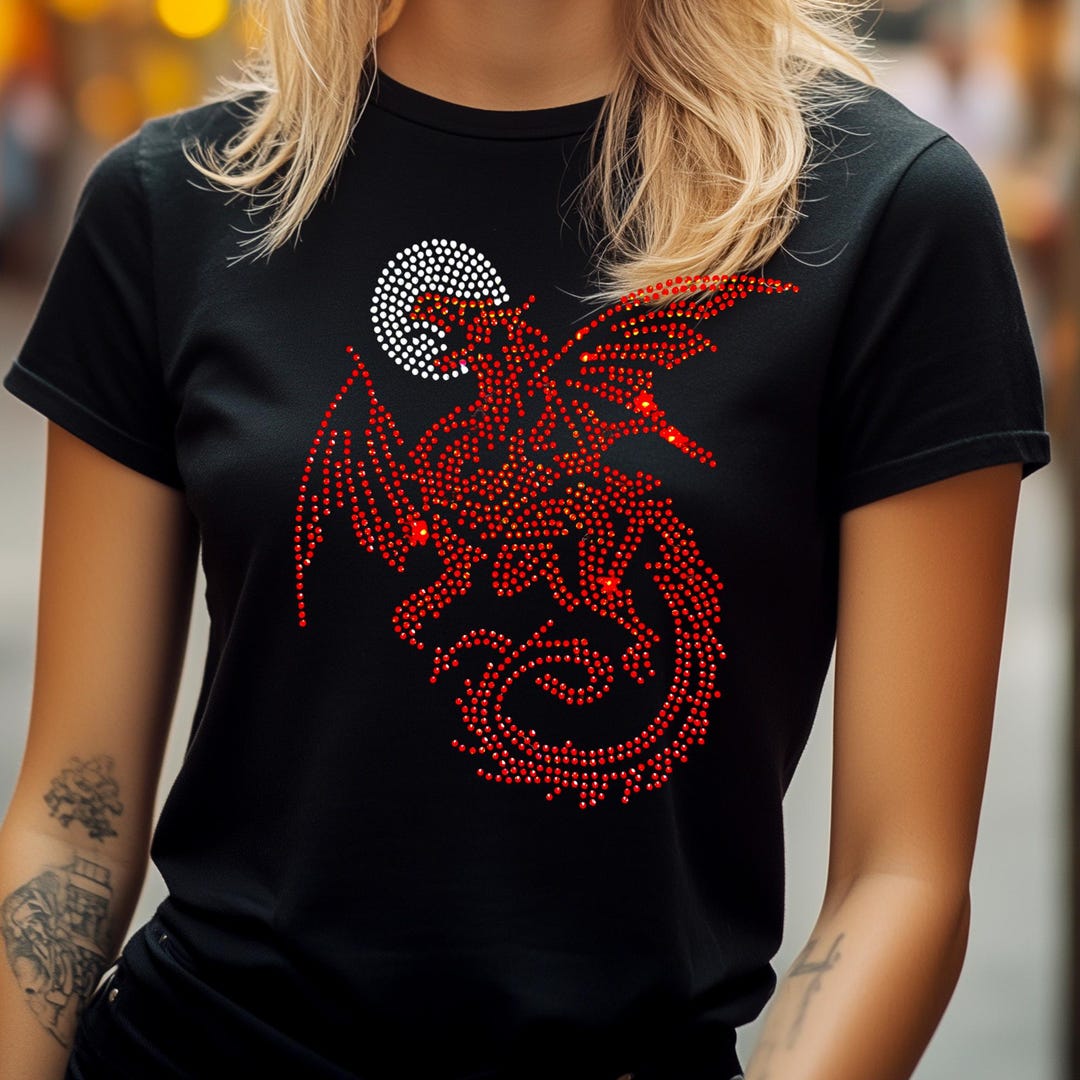 Women's Red Dragon Short Sleeve T-shirt Black With Crystal Rhinestones ...
