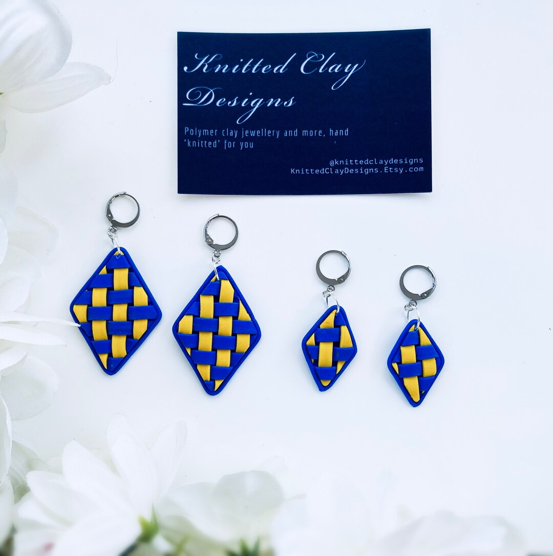 Blue and Yellow Crosshatch Weave Diamond Huggy Hoop Earrings. Polymer ...