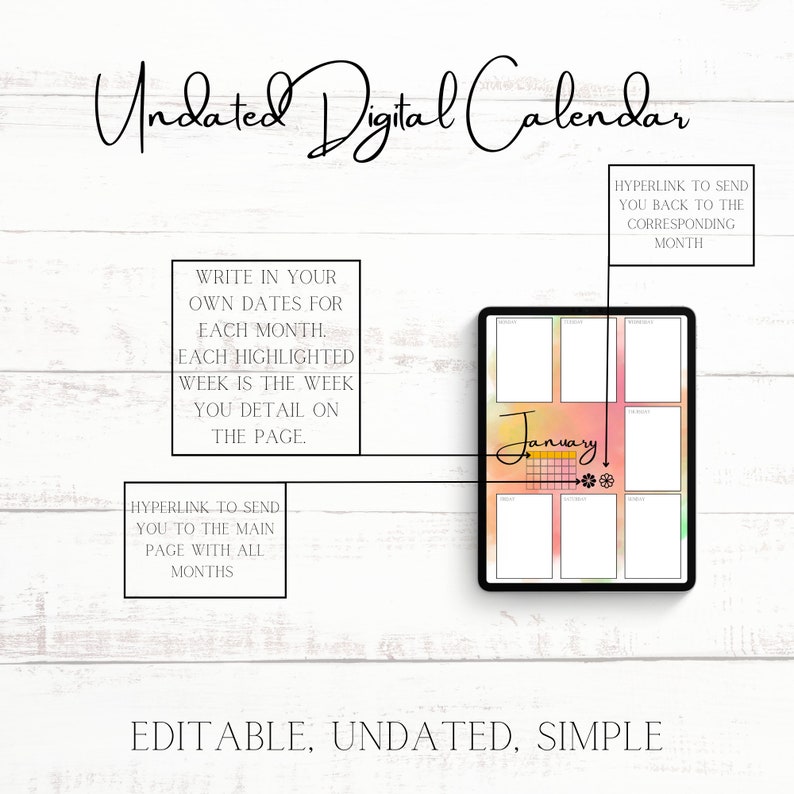 Undated Digital Calendar, Undated Week by Week Calendar, Digital ...