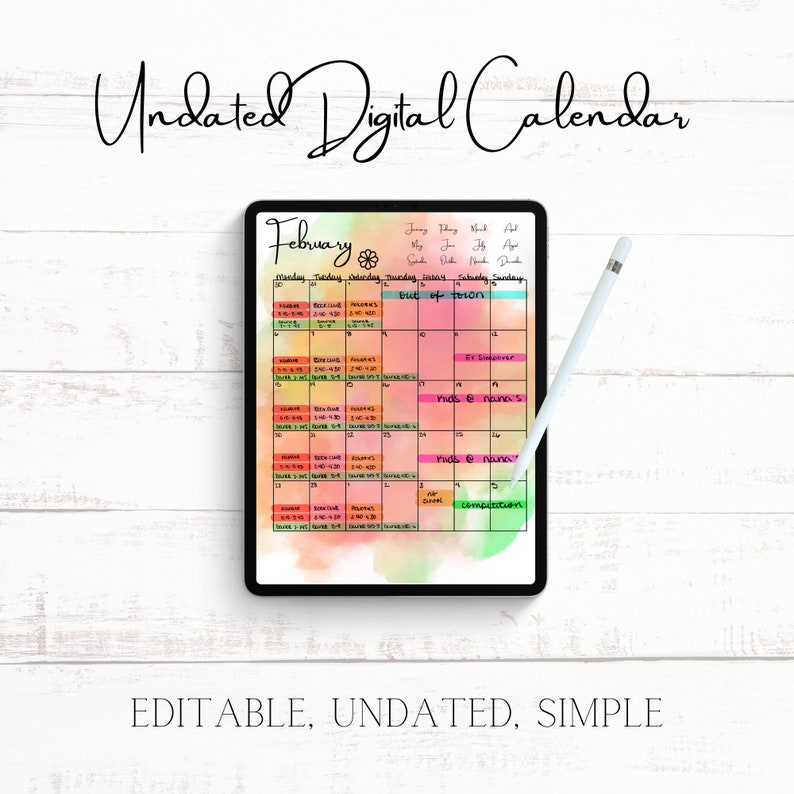 Undated Digital Calendar, Undated Week by Week Calendar, Digital ...