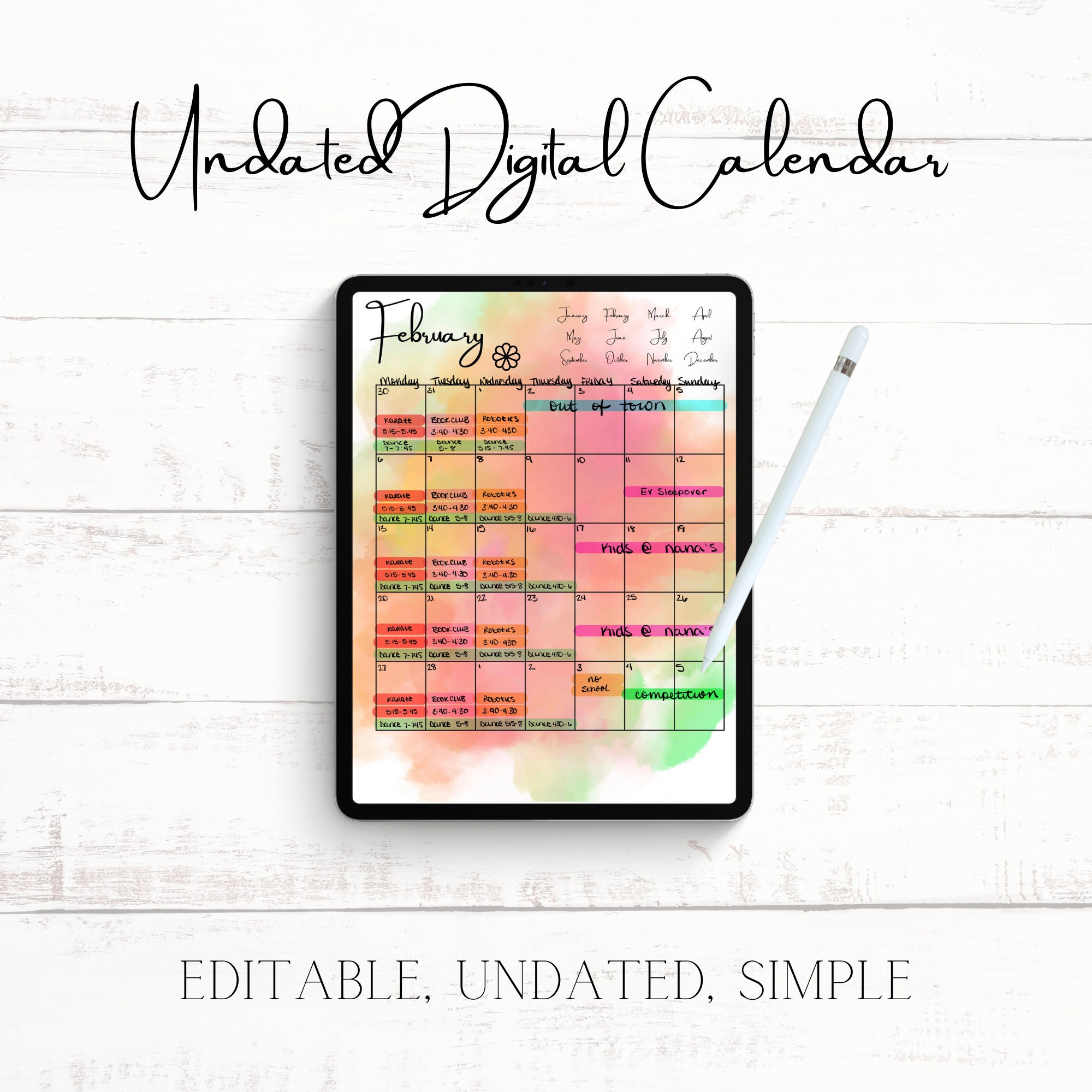 Undated Digital Calendar, Undated Week by Week Calendar, Digital ...