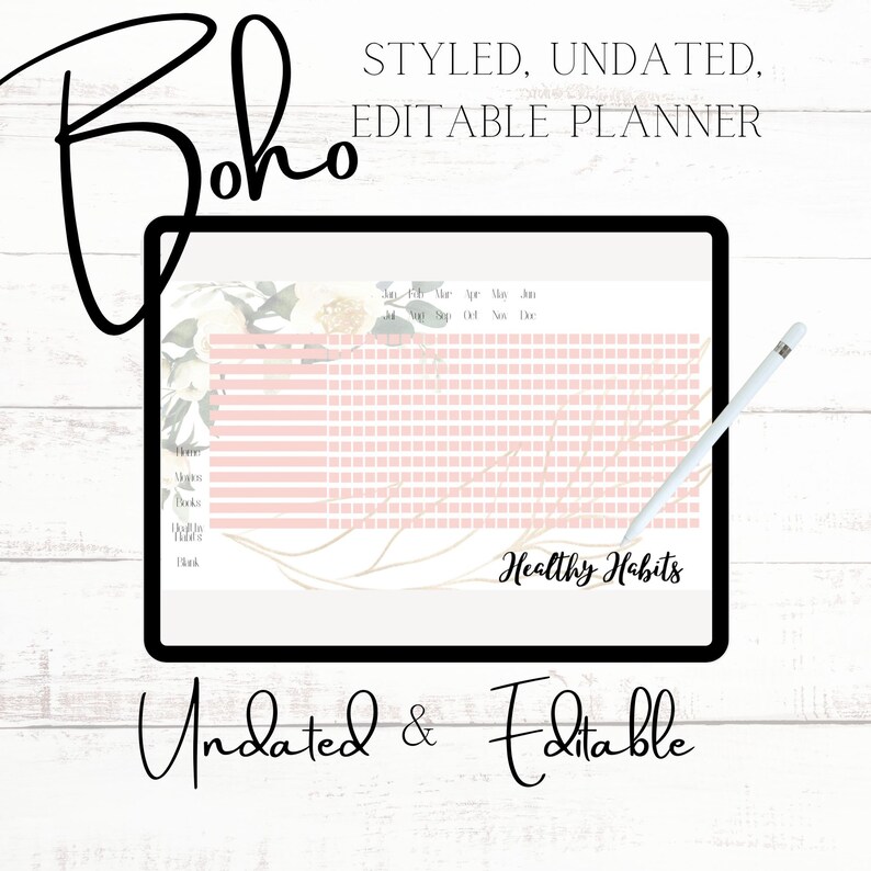Boho Style Digital Planner, Undated Calendar, Boho Planner, Undated ...