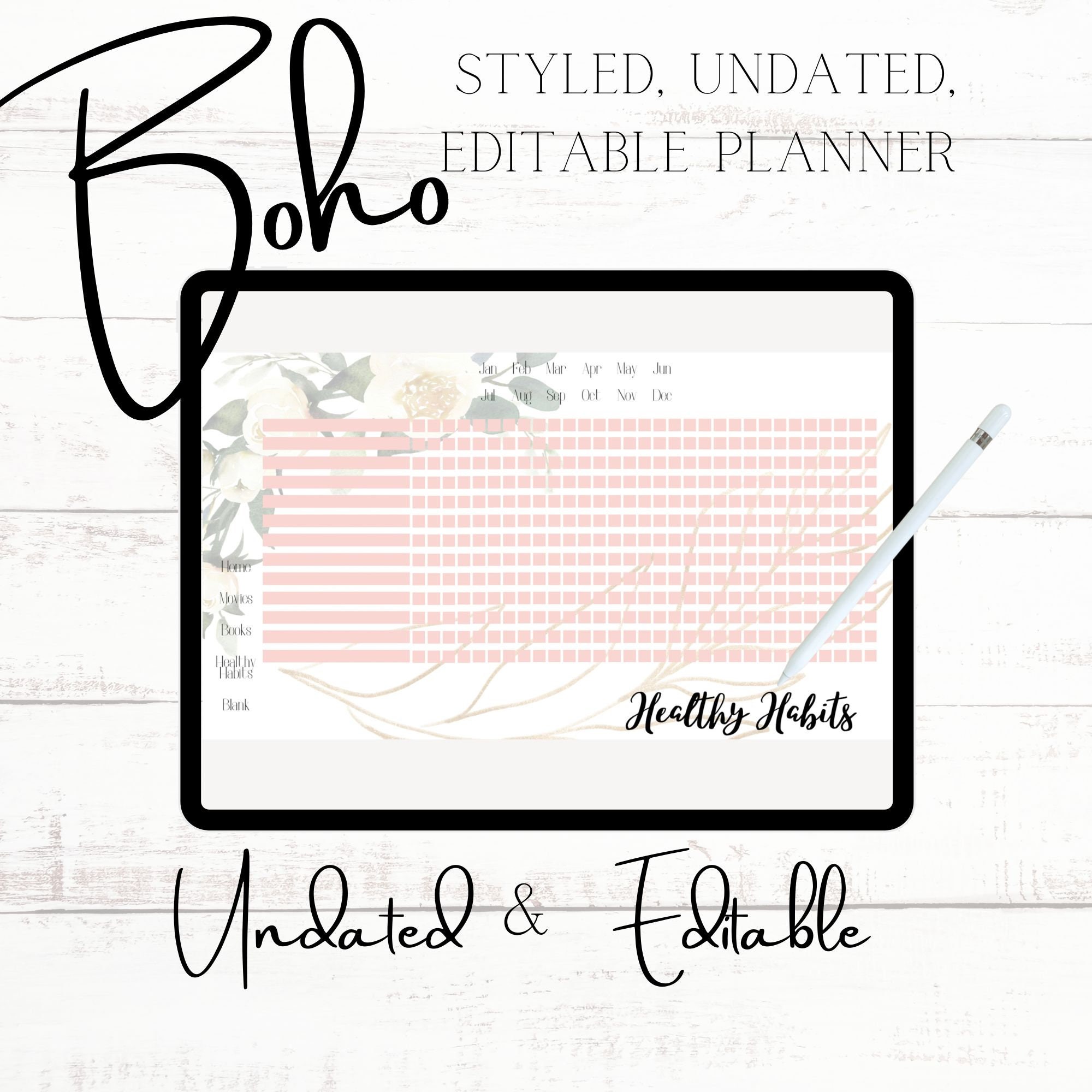 Boho Style Digital Planner, Undated Calendar, Boho Planner, Undated ...