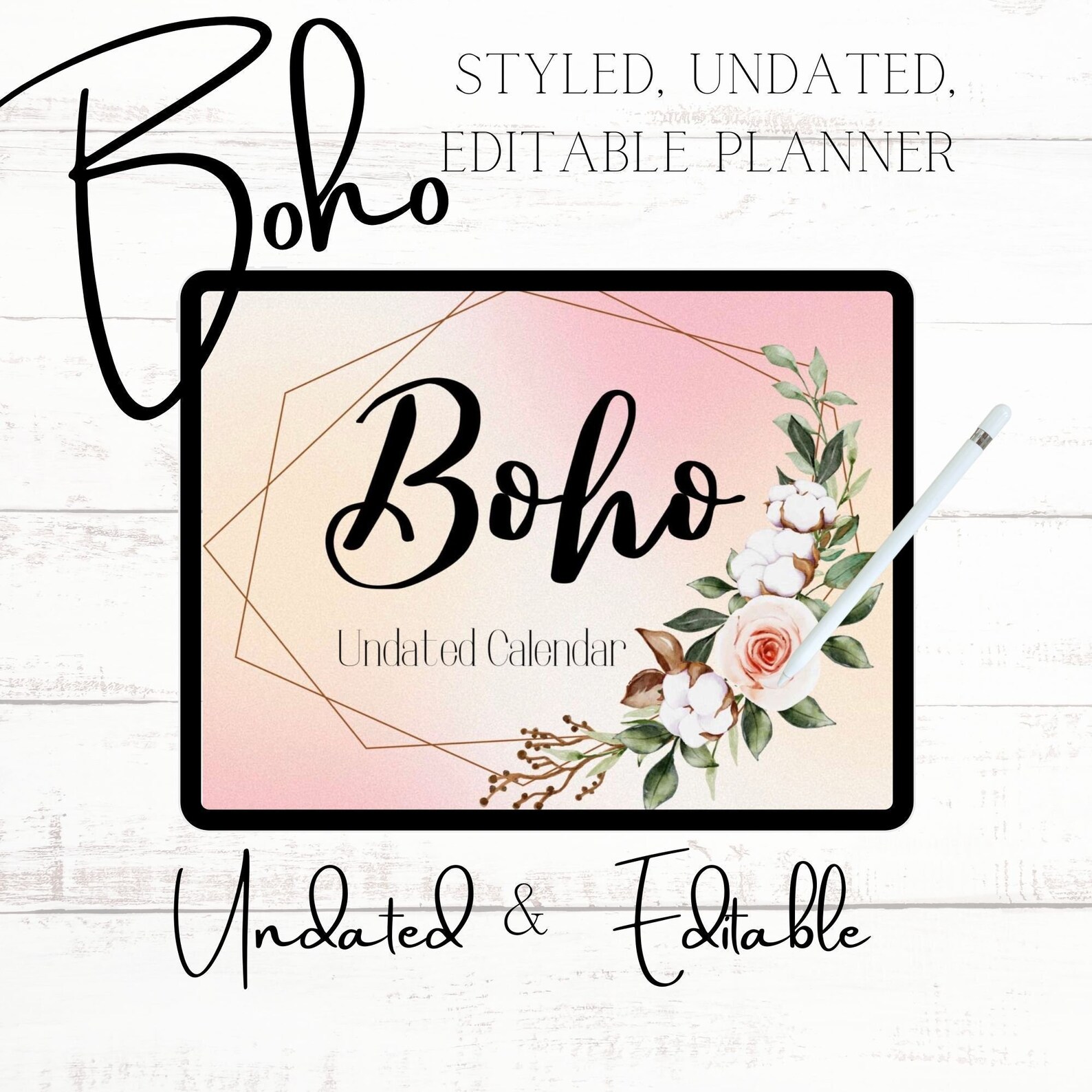 Boho Style Digital Planner, Undated Calendar, Boho Planner, Undated ...
