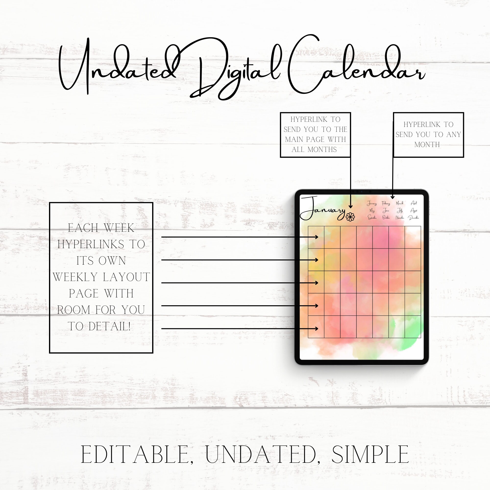 Undated Digital Calendar, Undated Week by Week Calendar, Digital ...