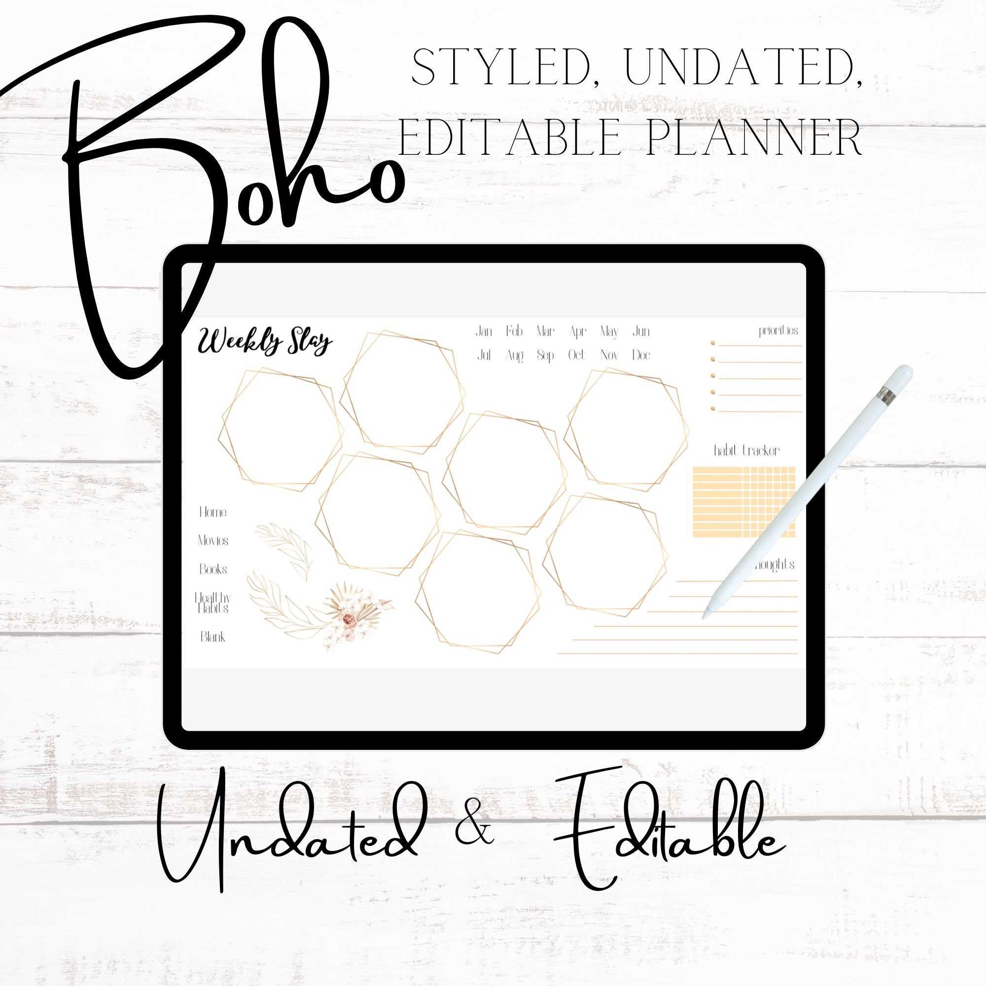 Boho Style Digital Planner, Undated Calendar, Boho Planner, Undated ...