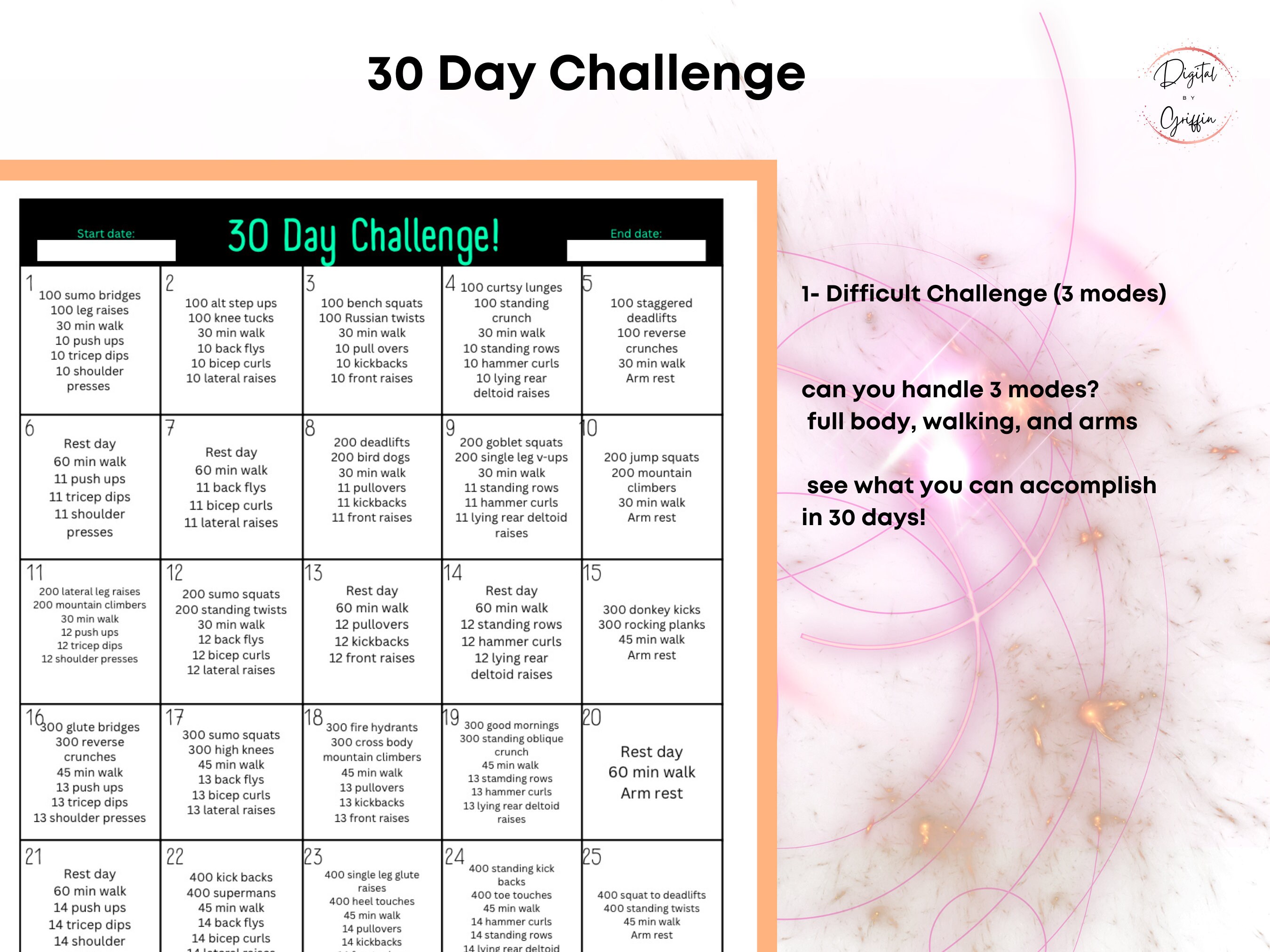 30 Day DIFFICULT Challenge, Workout Challenge, Goodnotes, Writable ...