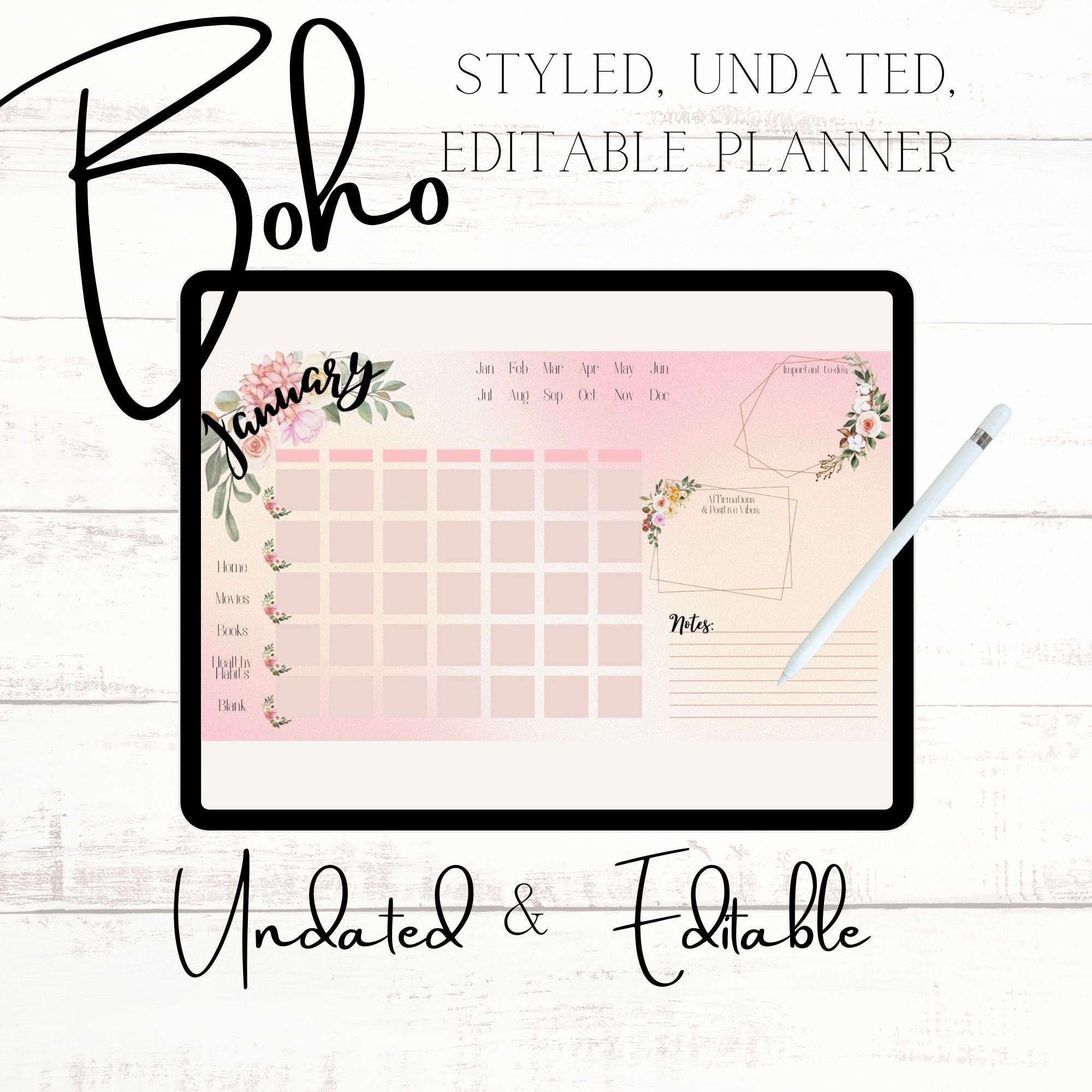 Boho Style Digital Planner, Undated Calendar, Boho Planner, Undated ...