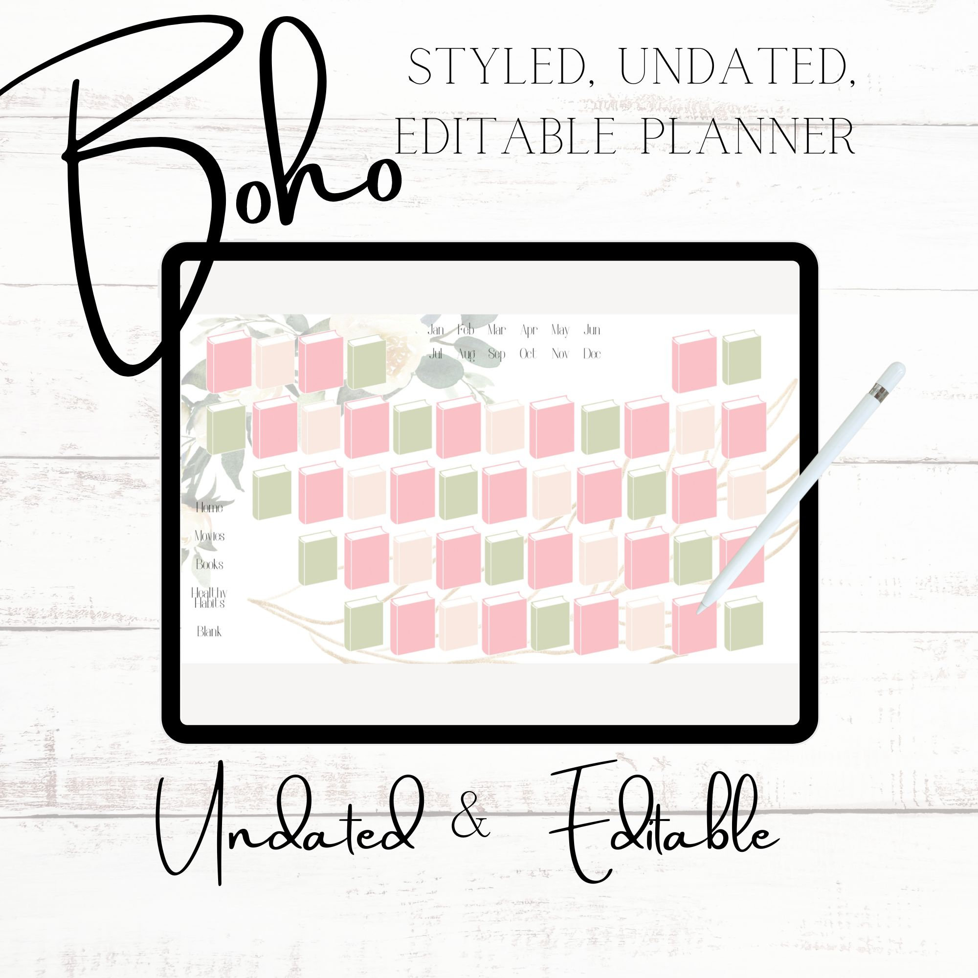 Boho Style Digital Planner, Undated Calendar, Boho Planner, Undated ...