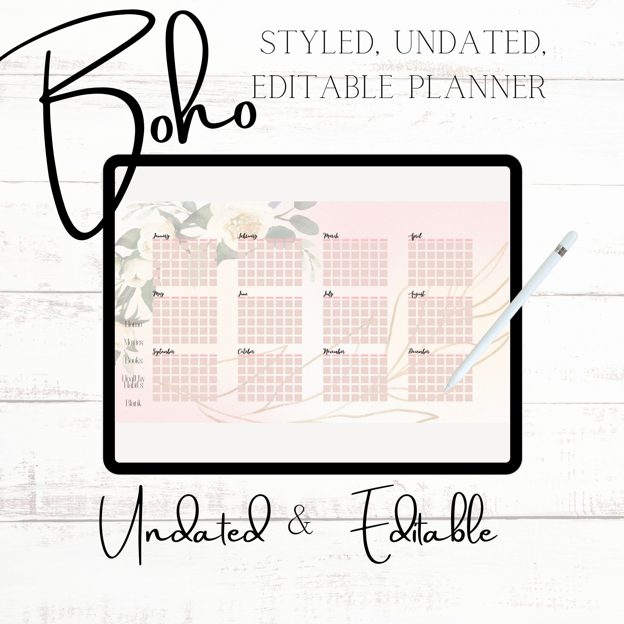 Boho Style Digital Planner, Undated Calendar, Boho Planner, Undated ...