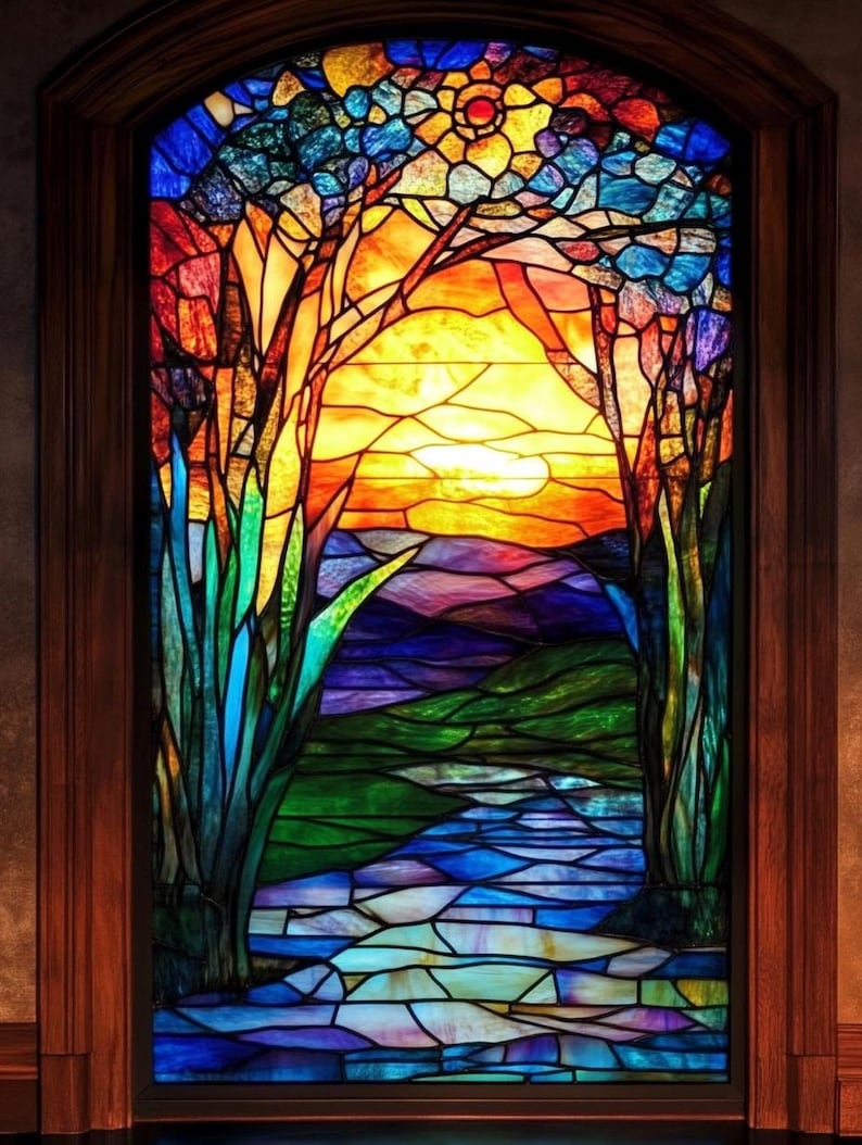 Custom Size Sunset Landscape Stained Glass Window Film Vibrant Nature ...