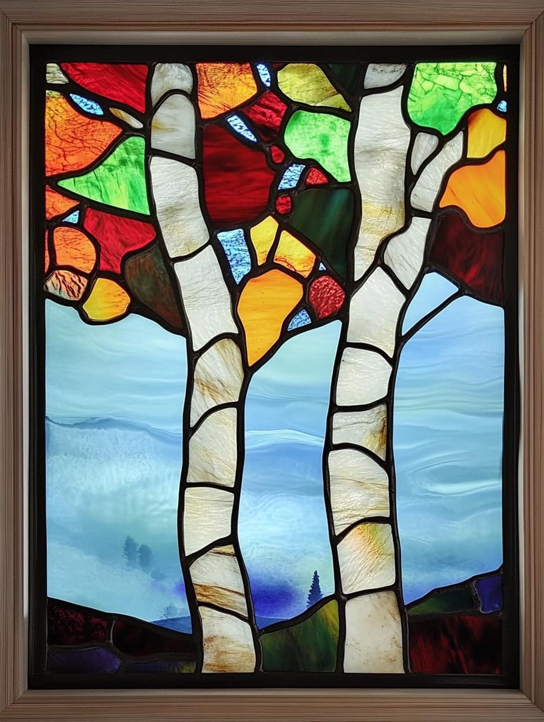 Custom Size Colorful Fall Birch Trees Stained Glass Window Cling Scenic ...
