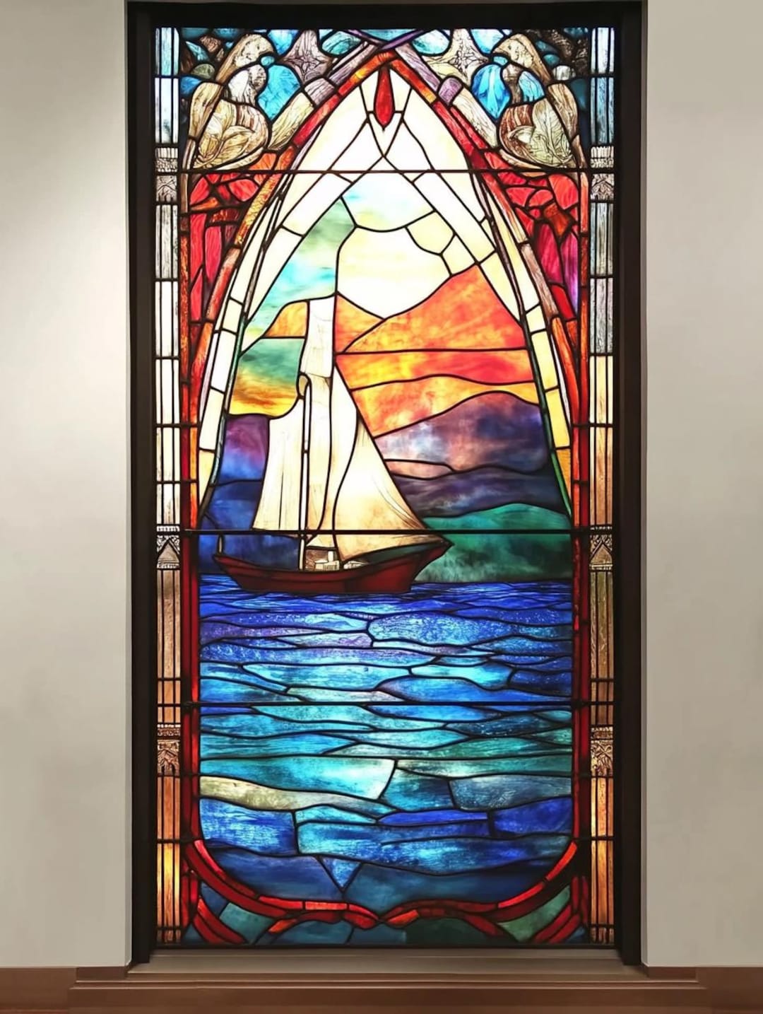 Custom Size Sailing Ship Stained Glass Window Film Nautical Ocean Scene ...