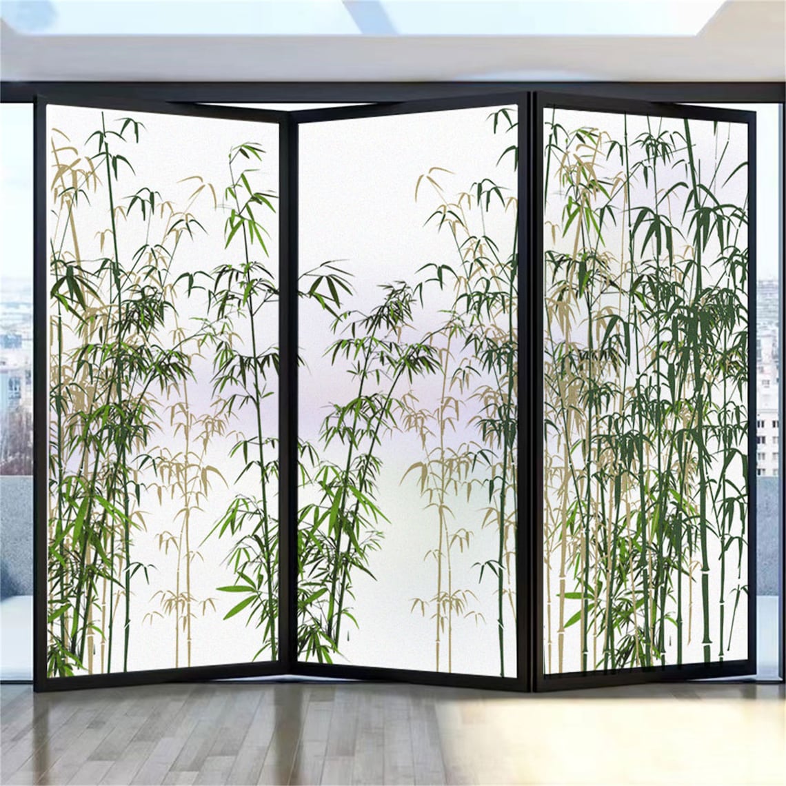 Custom Size Frosted Privacy Window Film Bamboo Leaves Green Glass Film ...