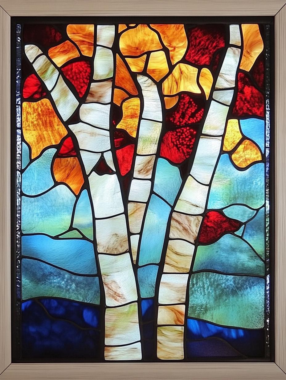 Custom Size Colorful Fall Birch Trees Stained Glass Window Cling Scenic ...