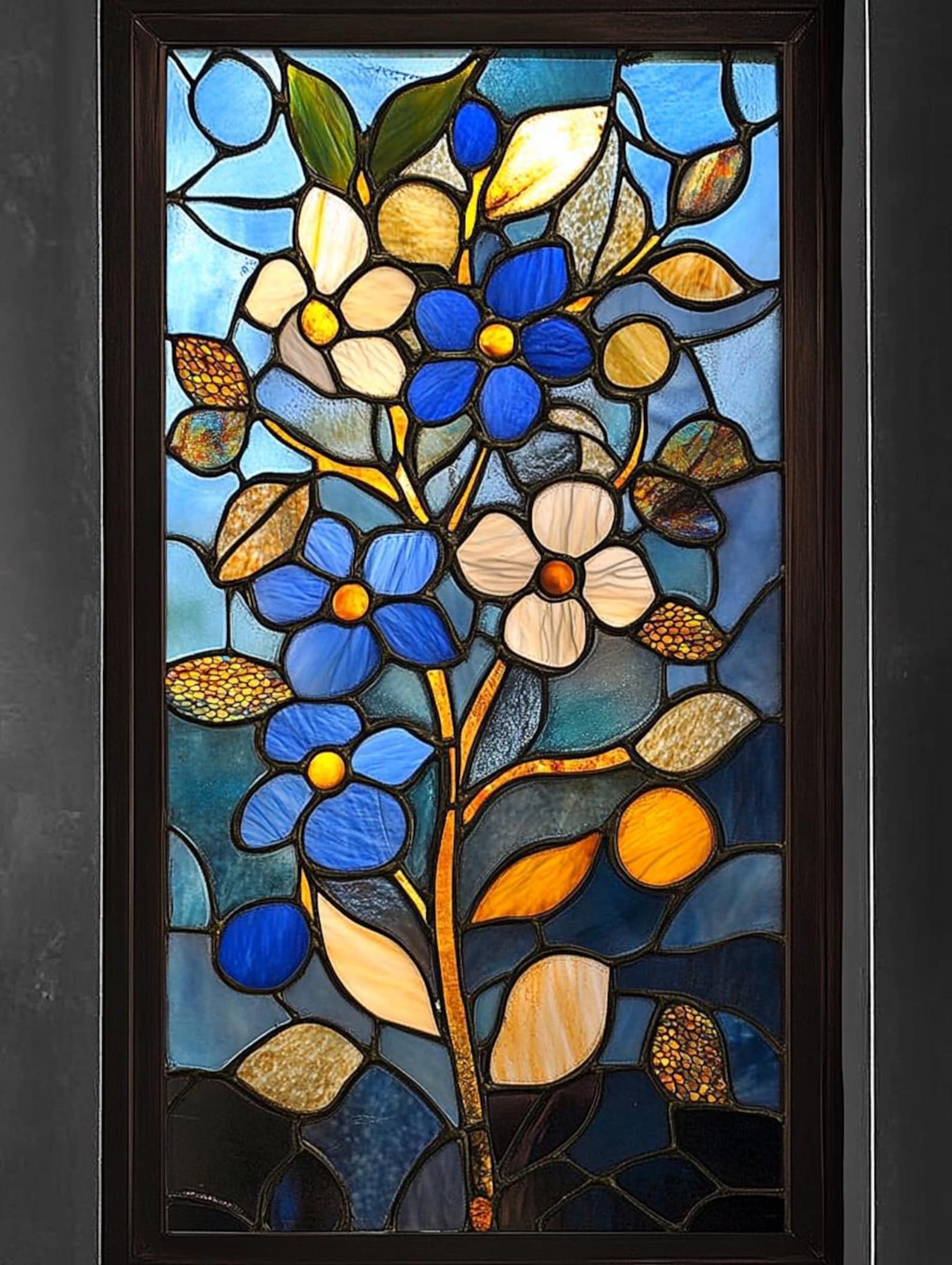Custom Size Stained Glass Window Cling With Blue Flowers and Golden ...
