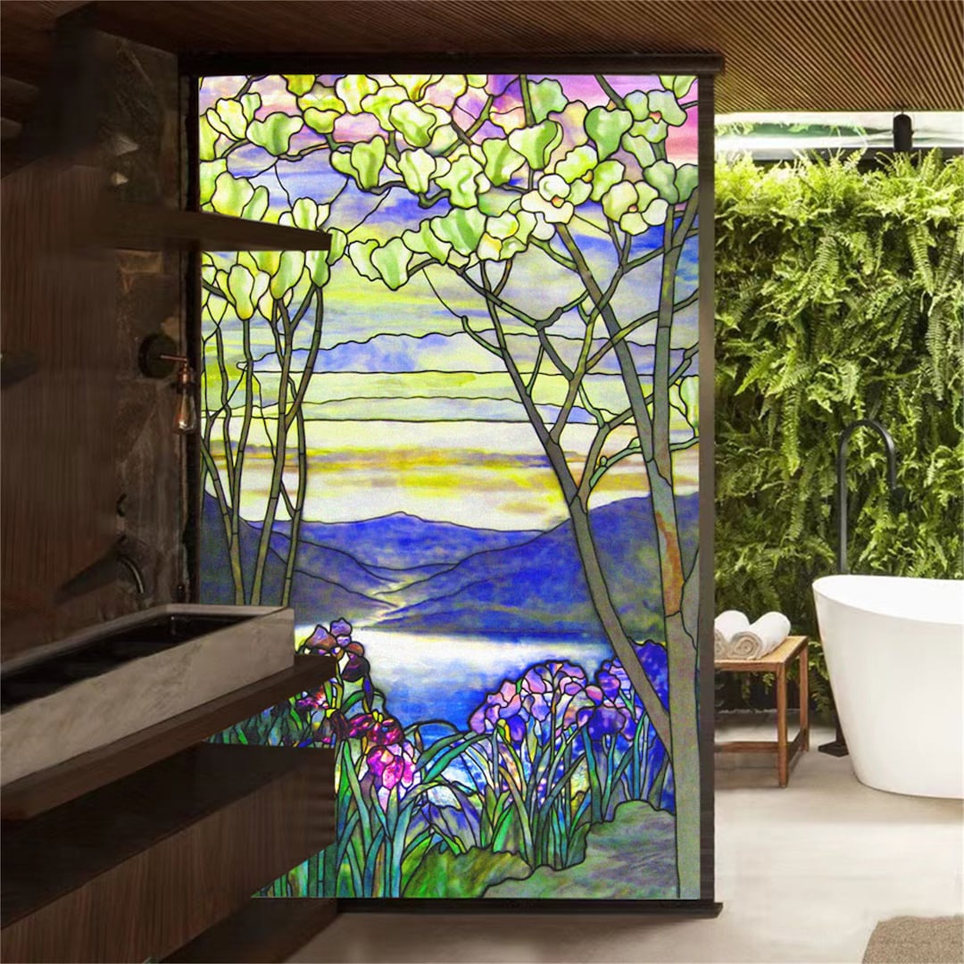 Custom Size Frosted Window Film Vivid Landscape Painting Stained Glass ...