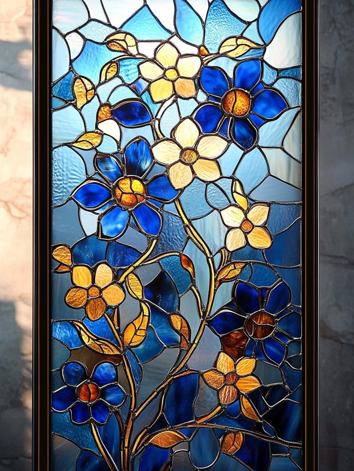 Custom Size Stained Glass Window Cling With Blue Flowers and Golden ...
