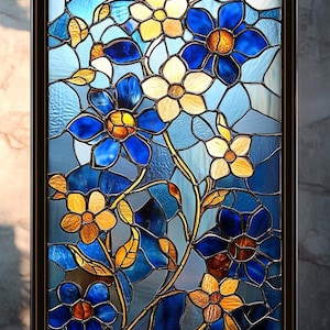 Custom Size Stained Glass Window Cling With Blue Flowers and Golden ...