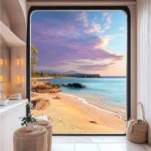 Custom Size Beach Scene Window Film Vibrant Tropical Sunset Static ...