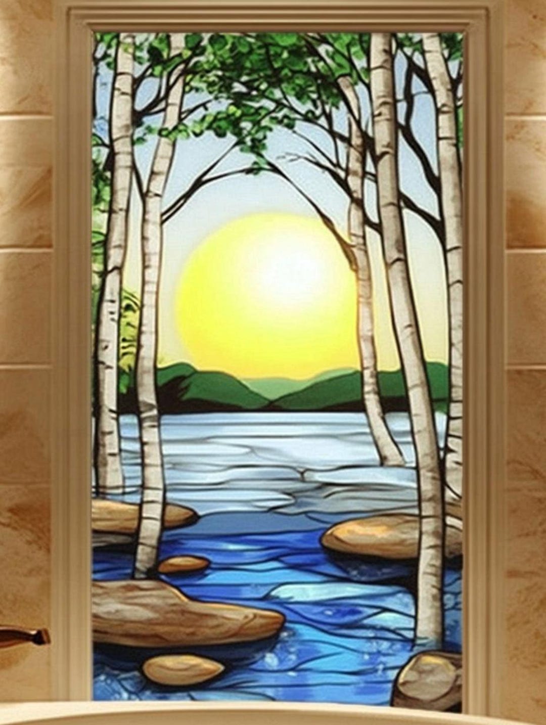 Custom Size Tranquil River Scene Window Film Artistic Faux Glass Static Cling With Forest and ...