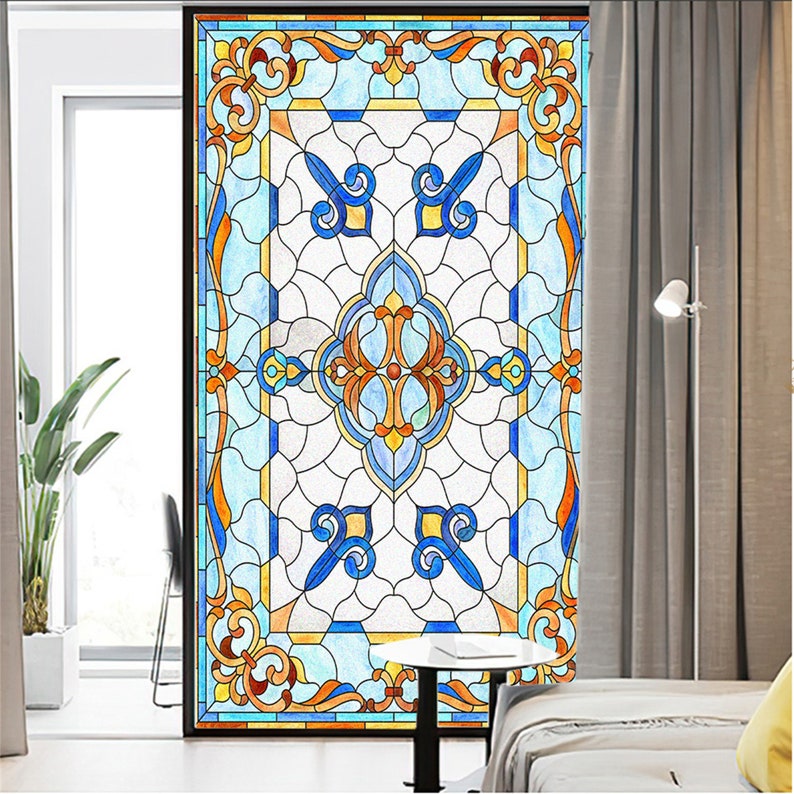 Customize Stained Glass Window Film Blue Church Style Window Stickers ...