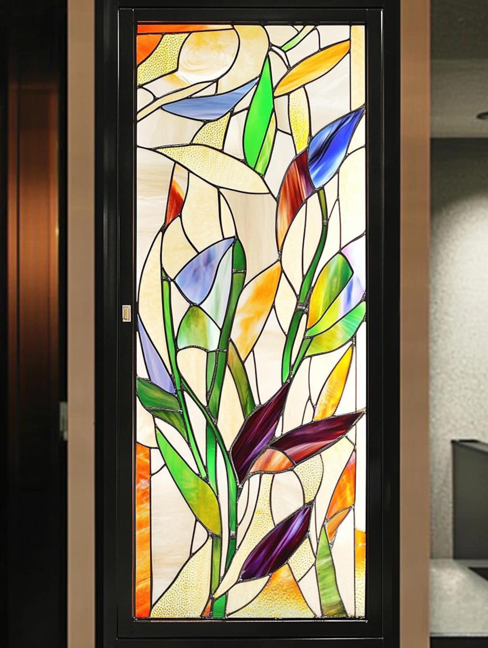 Custom Size Botanical Stained Glass Privacy Film With Multicolor ...