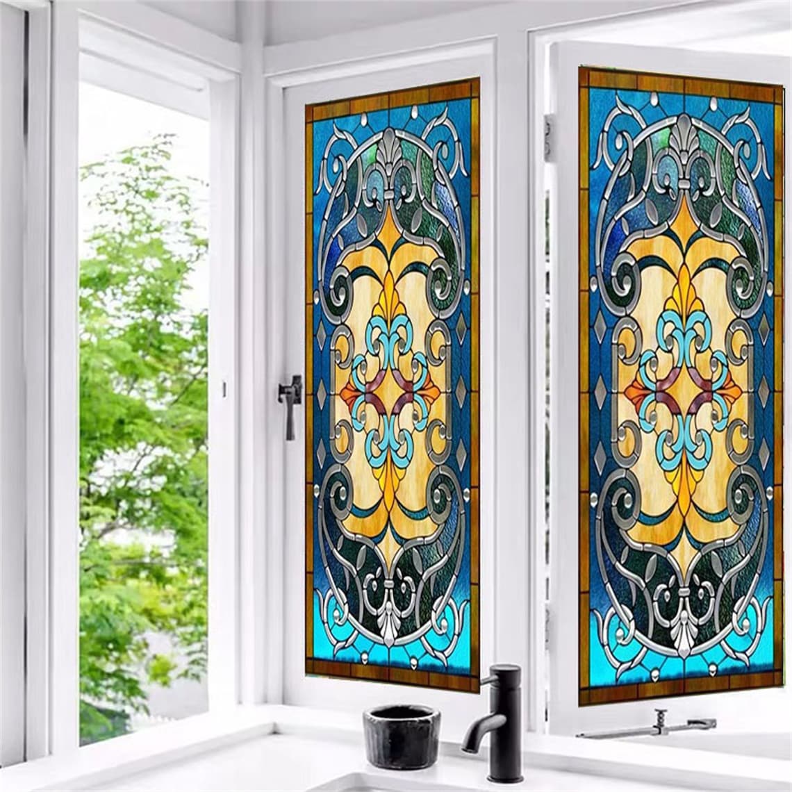 Custom Size Window Films Vintage European Style Art Translucent Stained ...