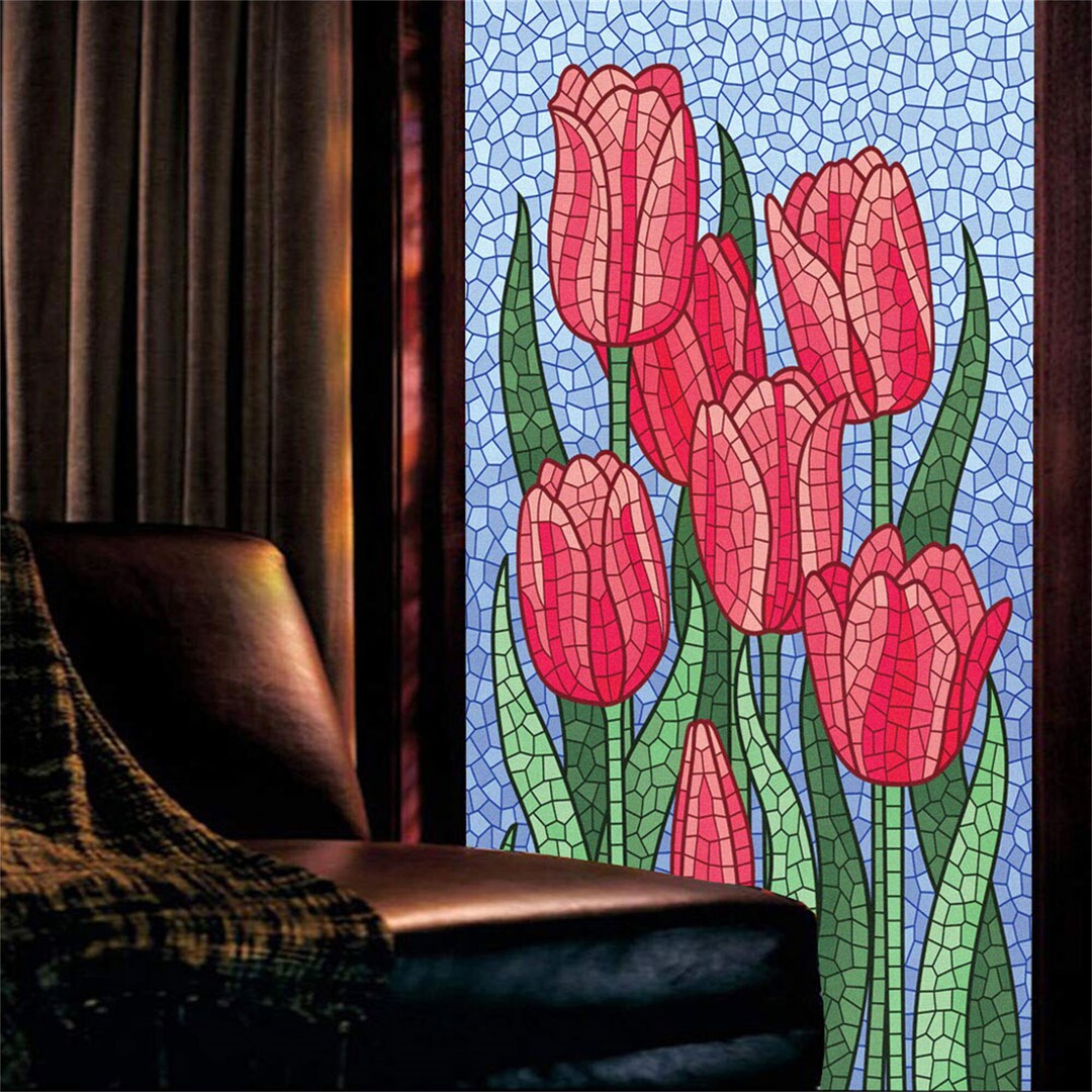 Custom Size Frosted Window Film Cling Stained Tulips Art Non-adhesive ...