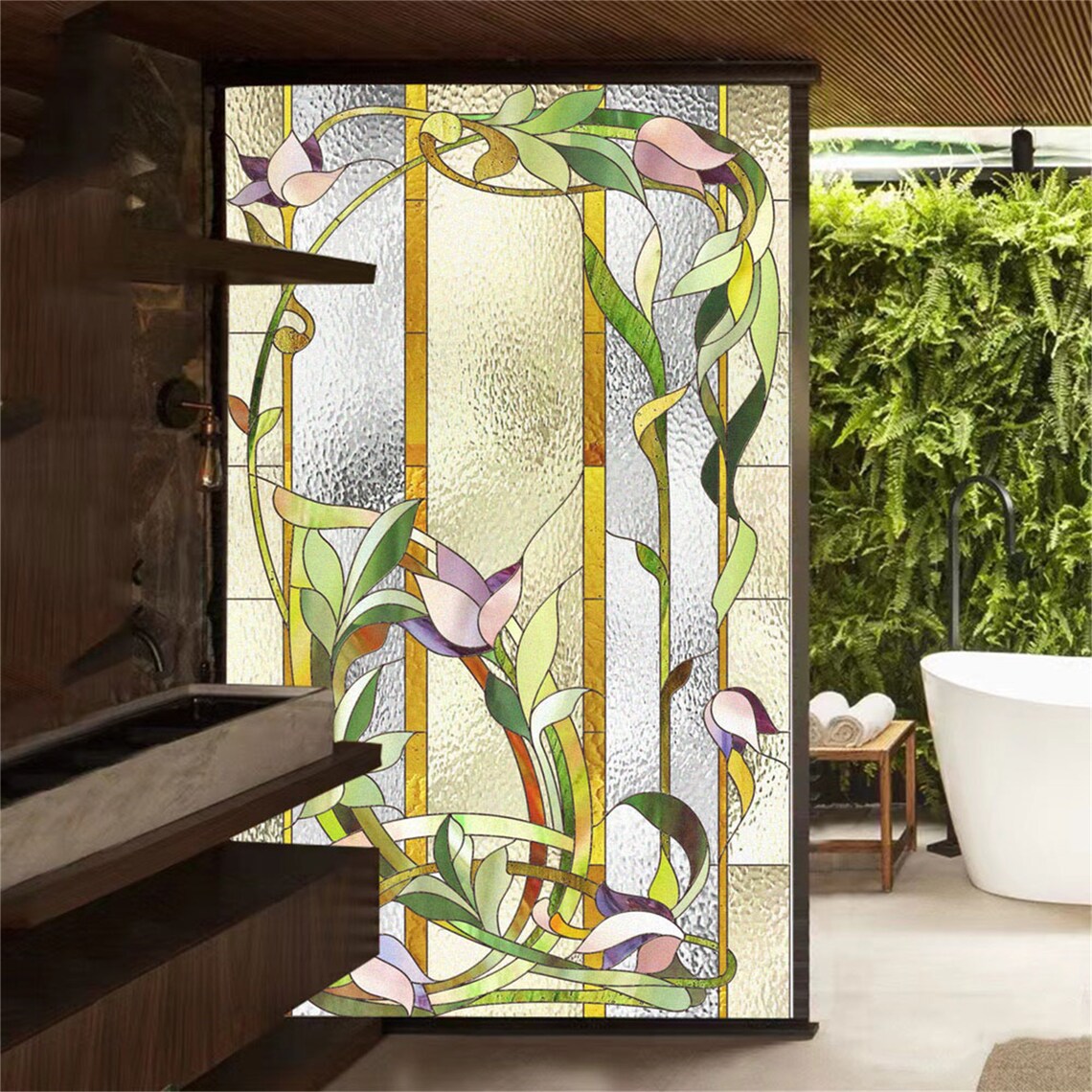 Privacy Static Cling Window Film Vine Flower Pattern Frosted Stained ...