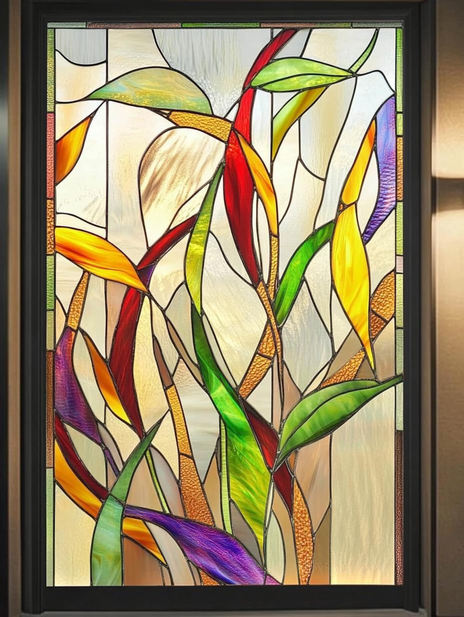 Custom Size Botanical Stained Glass Privacy Film With Multicolor ...