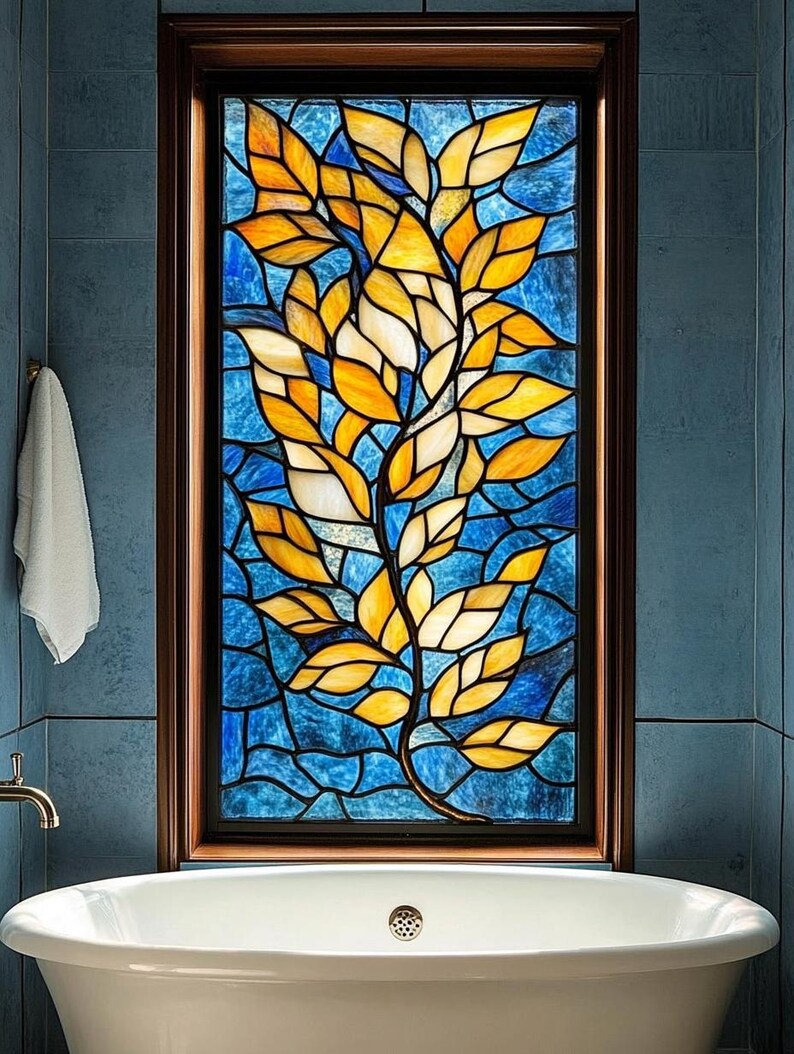 Custom Size Stained Glass Window Film With Vibrant Yellow Leaves ...