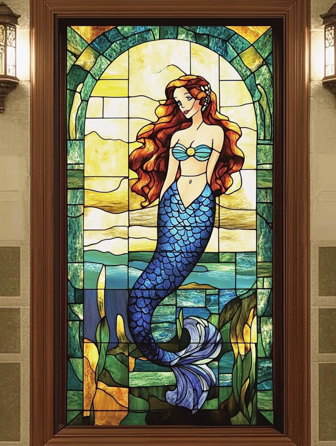 Custom Size Mermaid Stained Glass Window Film Decorative Ocean Design ...