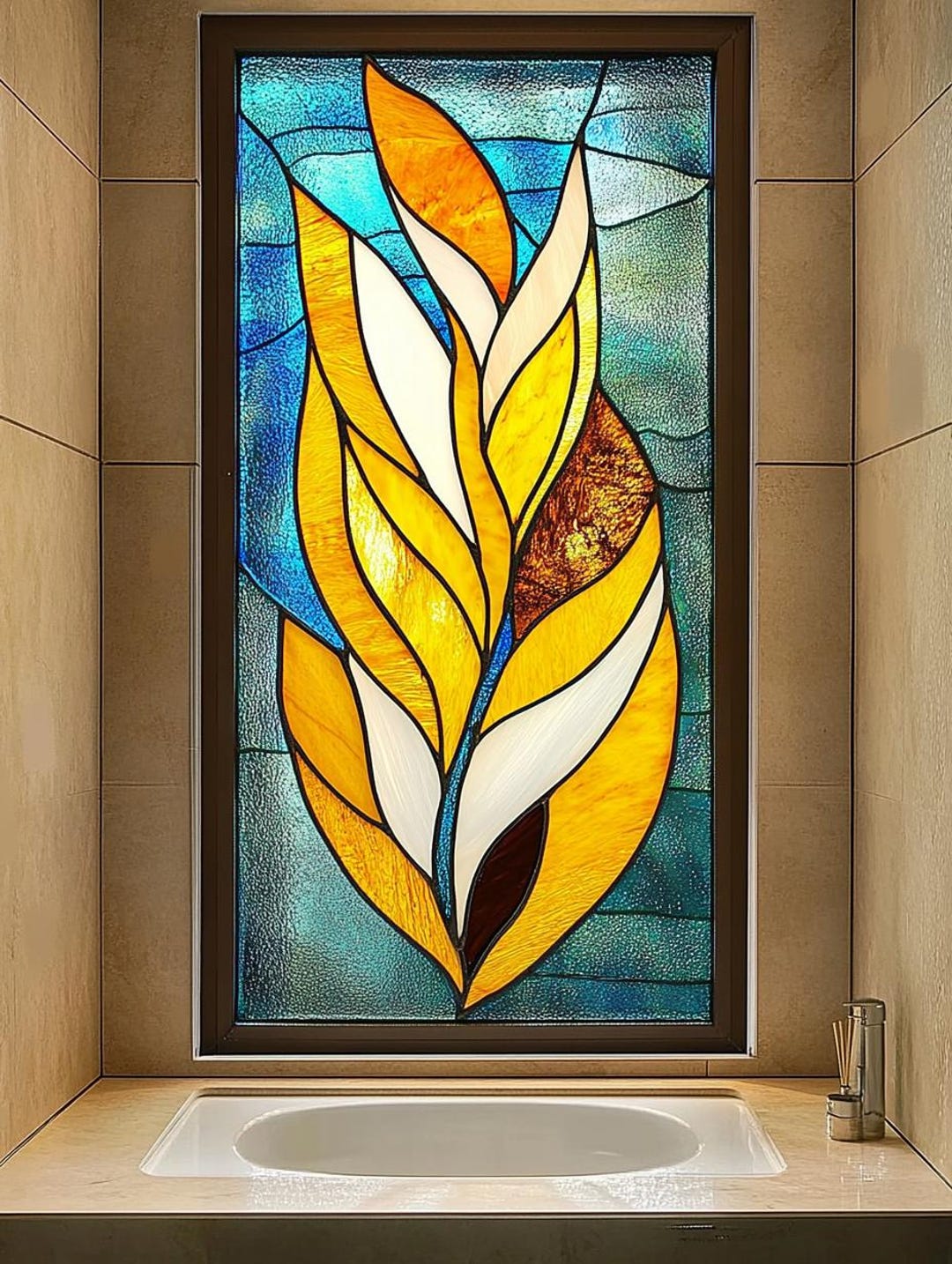 Custom Size Modern Stained Glass Window Film Vibrant Yellow Leaves With ...